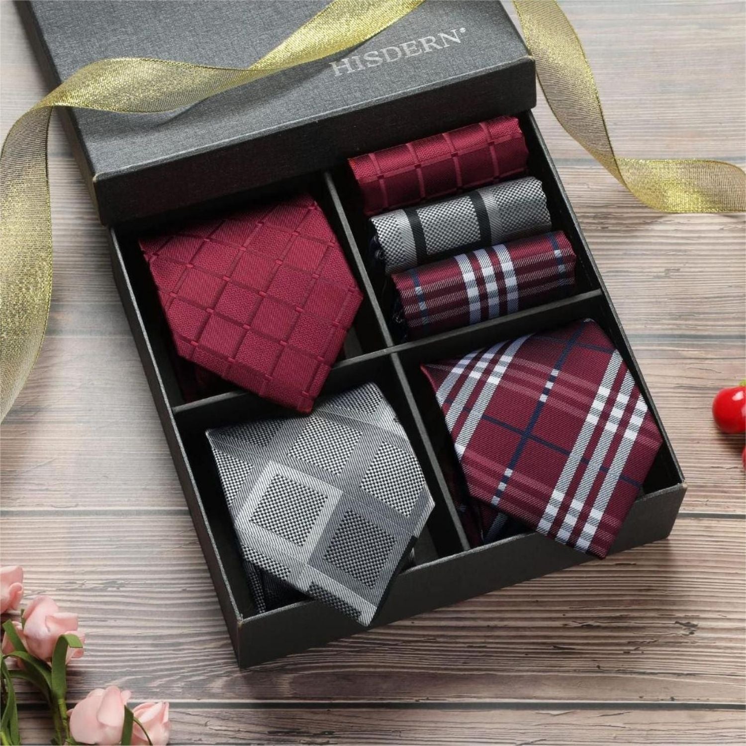 Hisdern 3-Piece Plaid Tie Set - Elegant Matching Tie Gift Box
